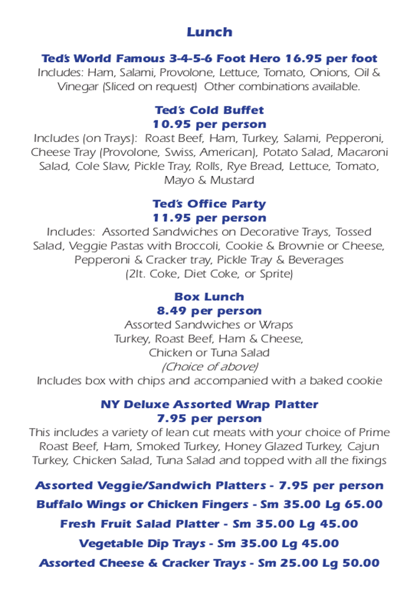 Ted's Deli Catering Menu